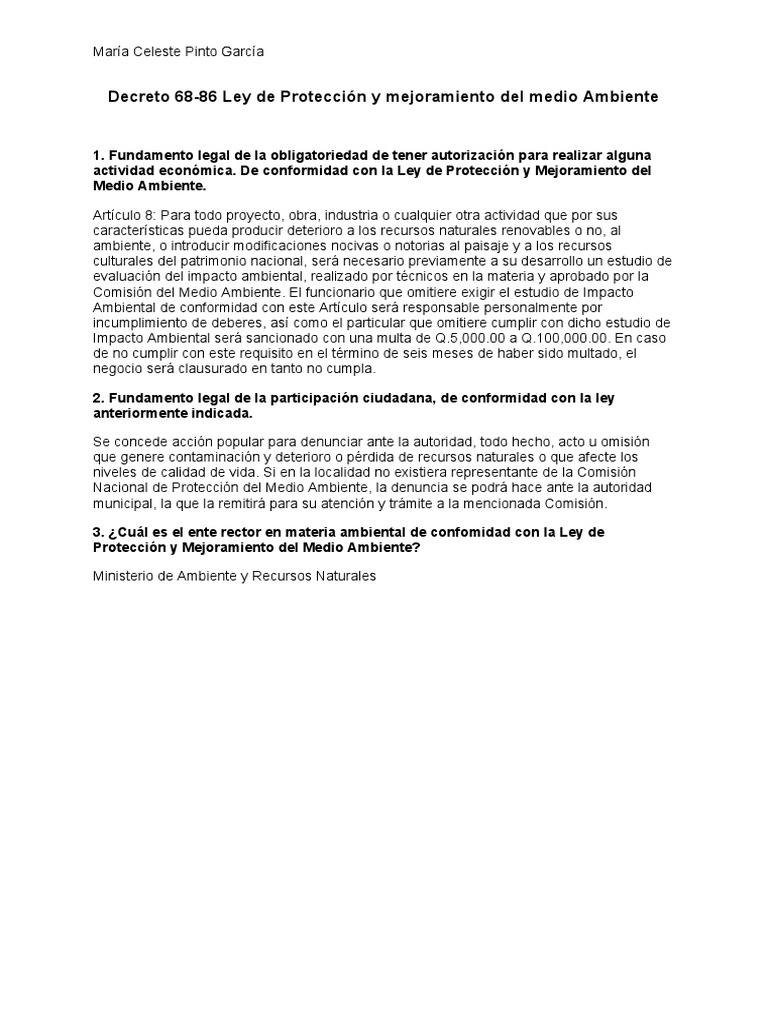 Decreto 68-86 Ley de Protección y mejoramiento del medio Ambiente | PDF