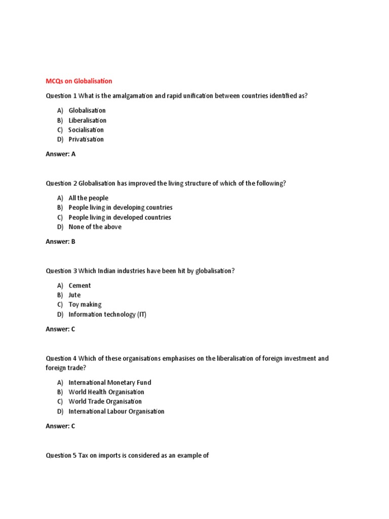Globalization MCQ A | PDF | Multinational Corporation | Globalization