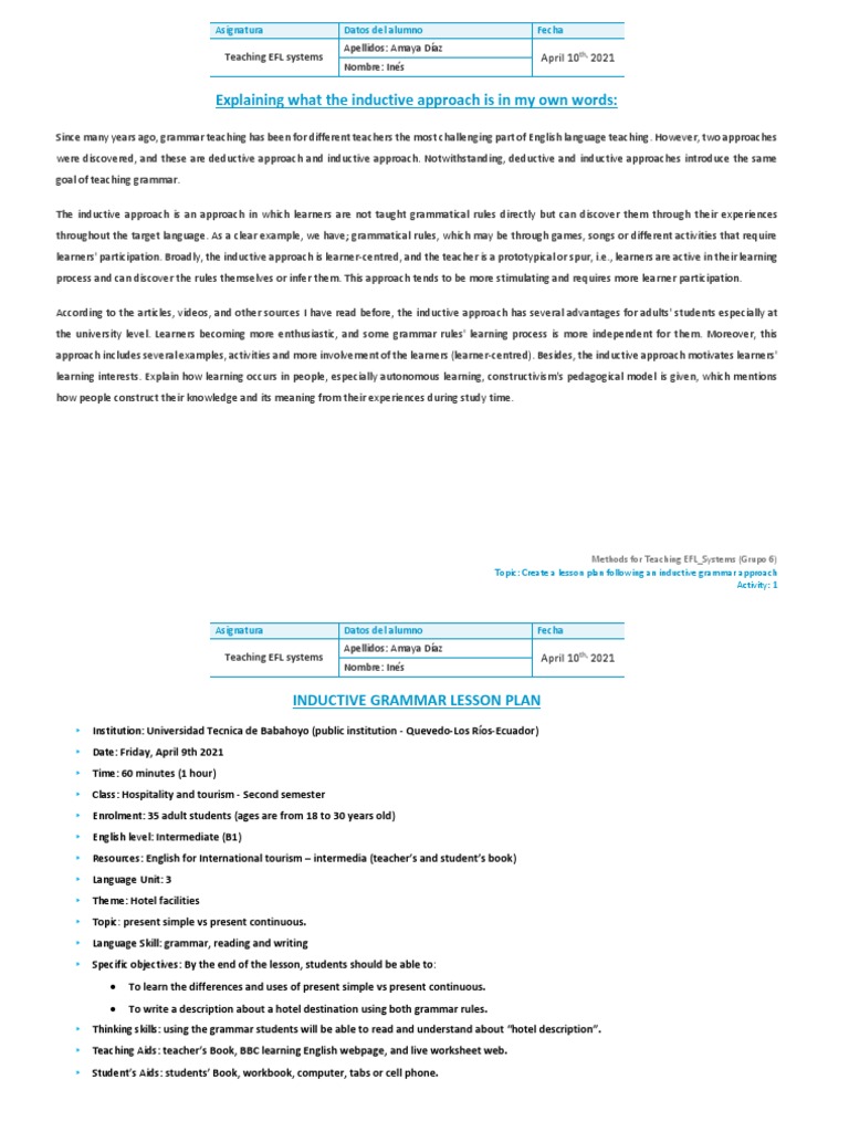 Activity 1 - Lesson Plan - Inductive Grammar Approach - MTeflSystem ...