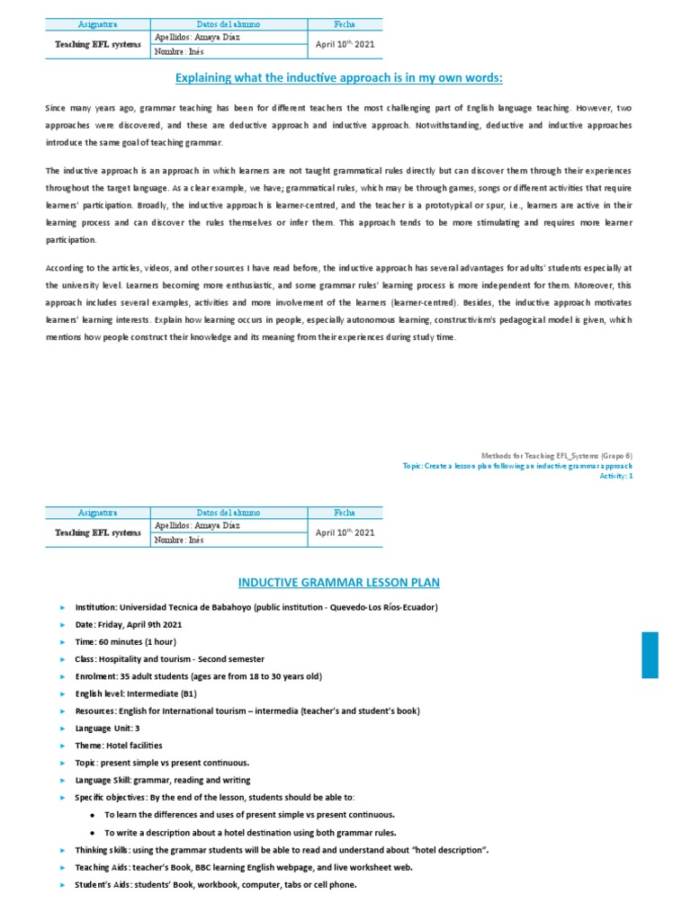 Activity 1 - Lesson Plan - Inductive Grammar Approach - MTeflSystem ...