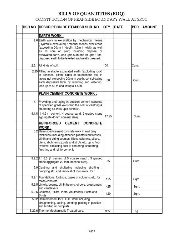 BOQ Construction of Rear Side Boundary Wall | PDF | Brick | Masonry
