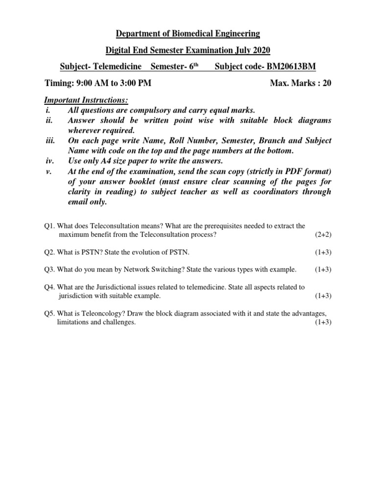 QP - TELEMEDICINE - 6th SEM - JULY 2020 | PDF