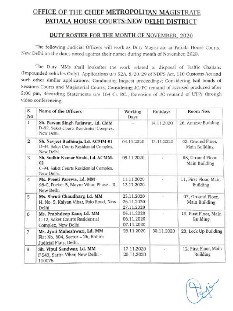 Duty Roster November 2020 | PDF | Magistrate | Criminal Law