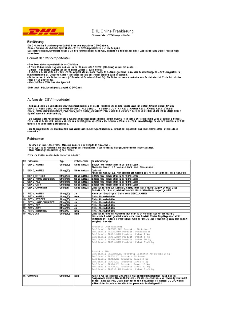 DHL CSV Import | PDF