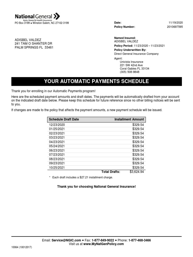 Your Auto Insurance Policy Payment Schedule | PDF | Vehicle Insurance ...