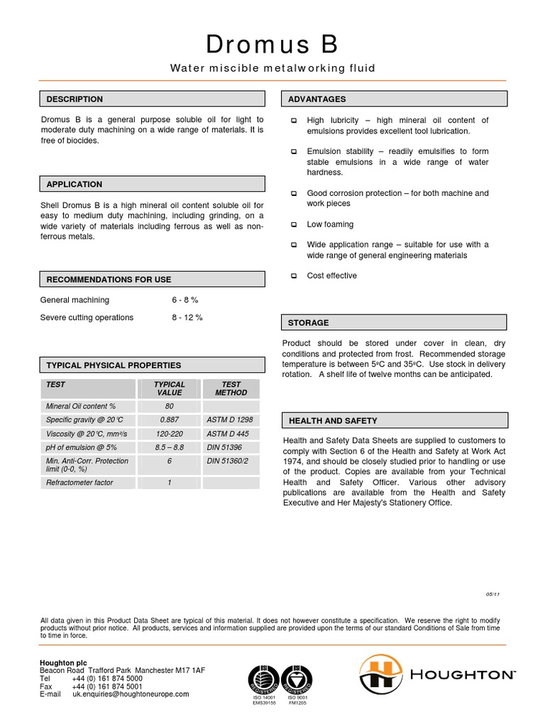 Houghton Dromus B Tds | PDF | Emulsion | Chemical Substances