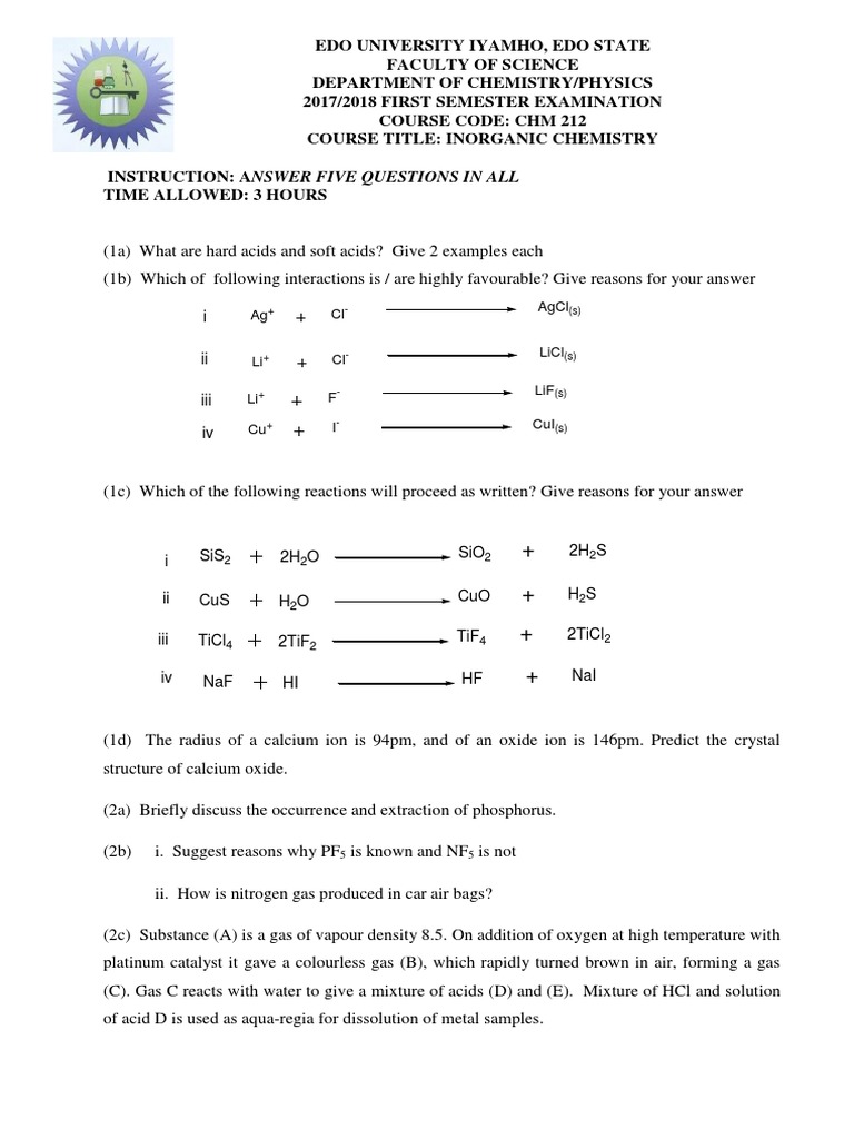 Analysis of Inorganic Chemistry Exam Questions Covering Topics on ...