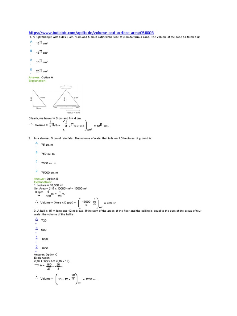 Volumes and Surface Area Aptitude Questions | PDF | Volume | Length Volumes and Surface Area Aptitude Questions | PDF | Volume | Length