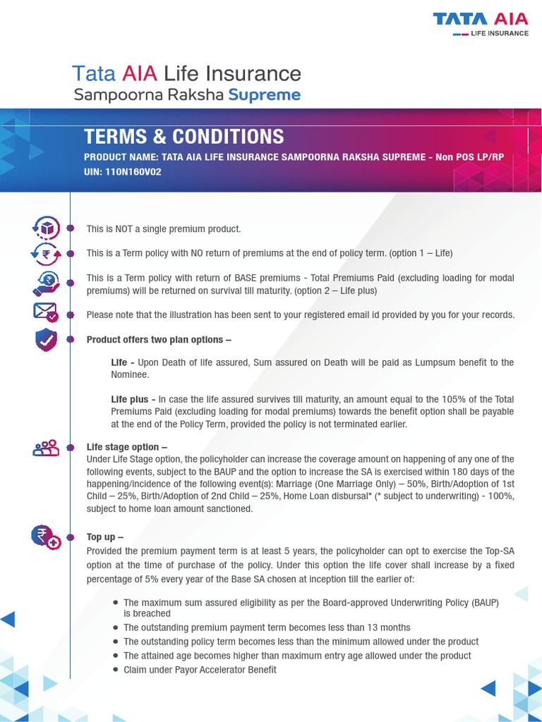 Terms & Conditions: Product Name: Tata Aia Life Insurance Sampoorna Raksha Supreme - Non Pos LP ...