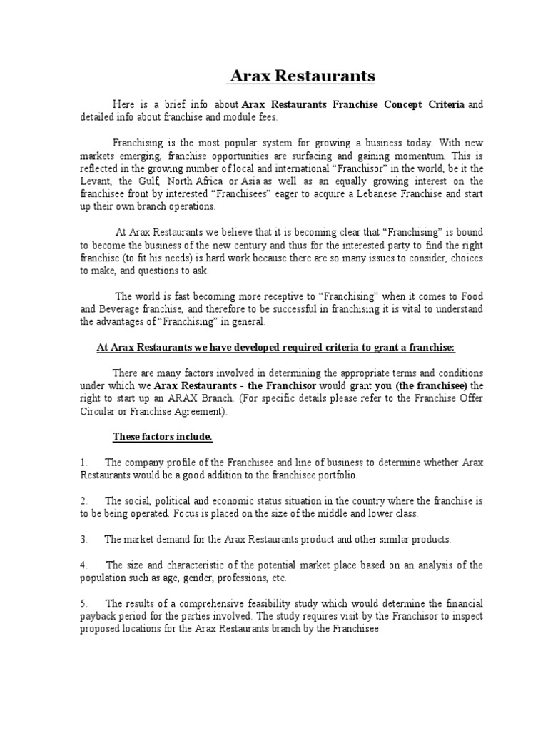 Franchise Opportunities at Arax | PDF | Franchising | Foods