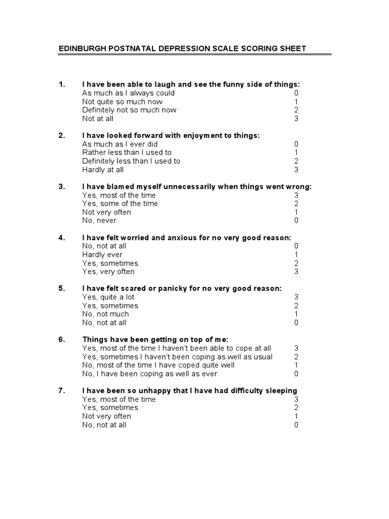 Edinburgh Postnatal Depression Scale Scoring Sheet | PDF | Depression ...