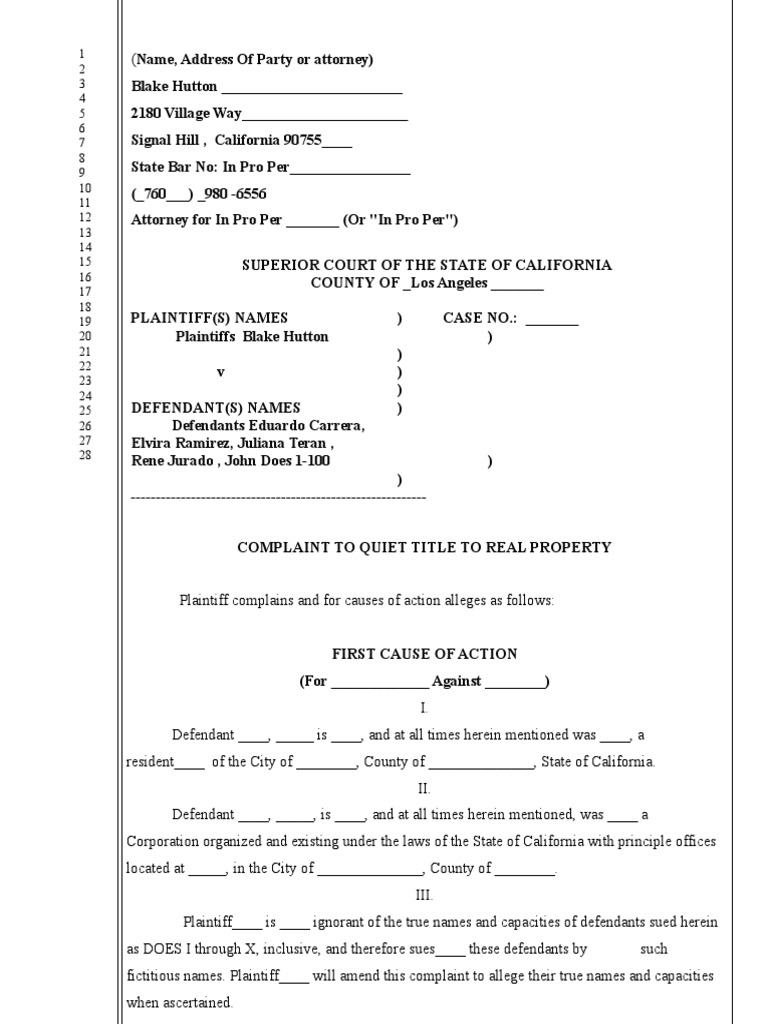 California Quiet Title Complaint Template | PDF | Title (Property ...