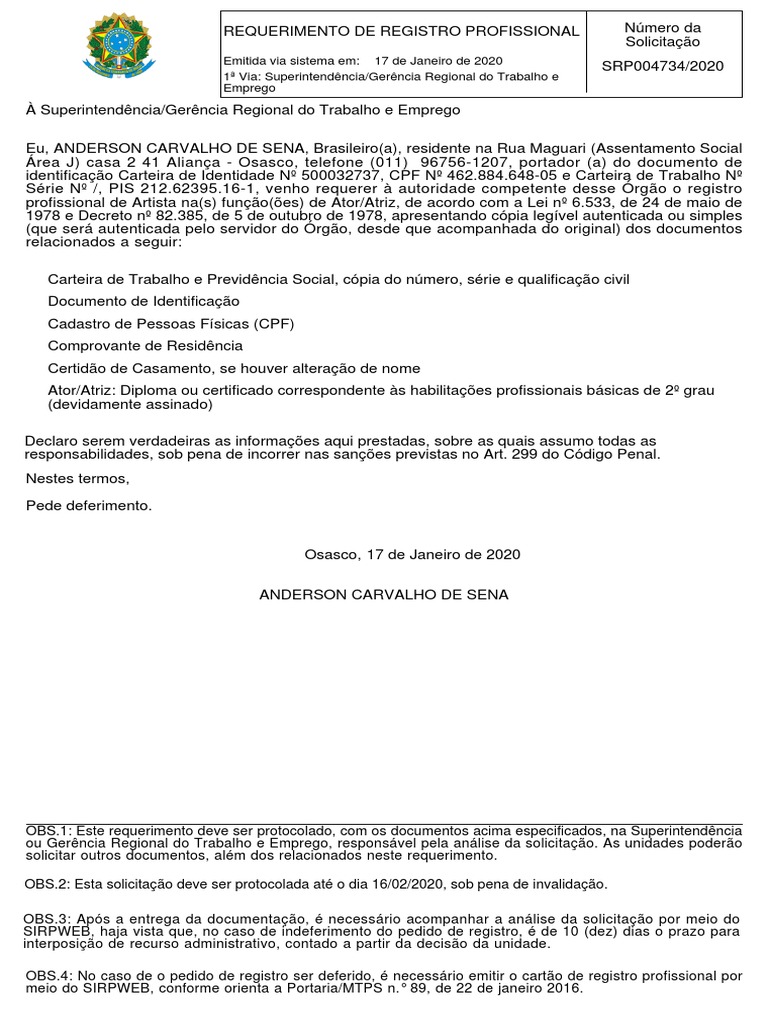 Requerimento de Registro Profissional | PDF | Civil | Business