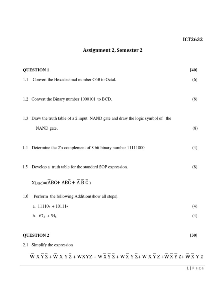 ICT2632 Assignment 2, Semester 2: A ̅BC+ ABC̅ + A̅ B̅ C̅ | PDF | Logic ...