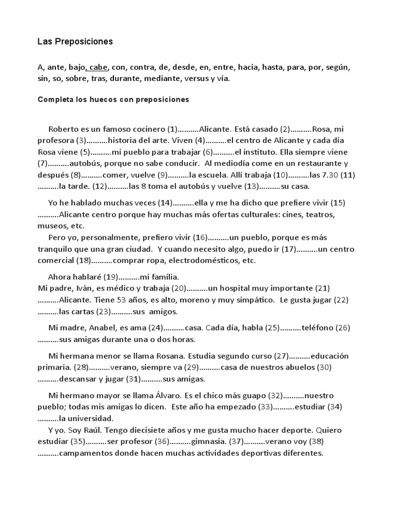 Ejercicios de Preposiciones en Español | PDF