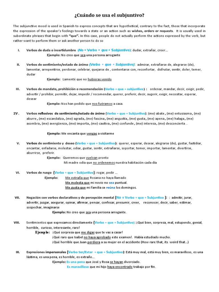 Uso del Subjuntivo en Español | PDF | Oración (Lingüística) | Sintaxis