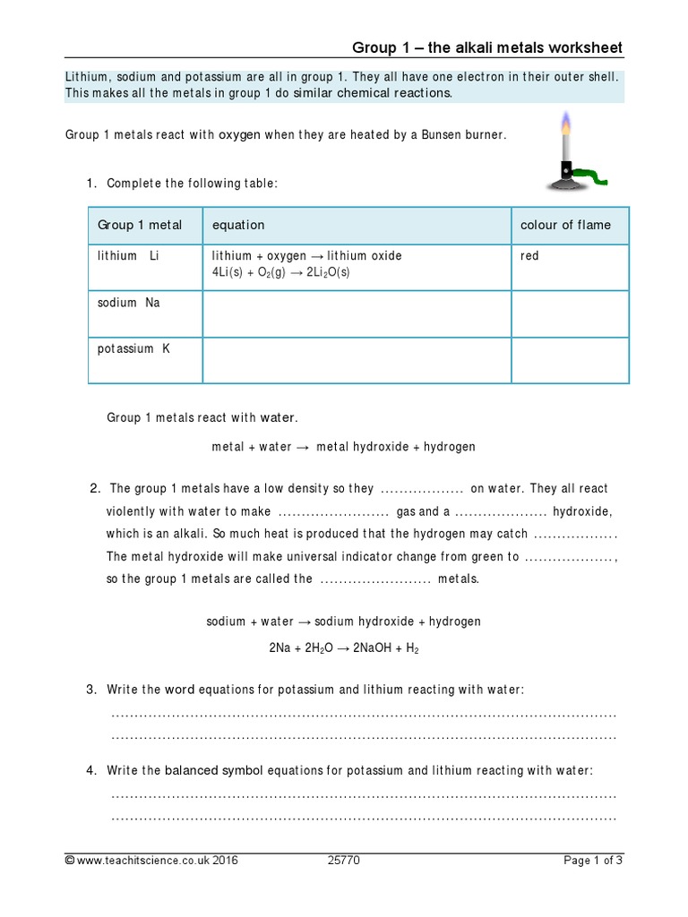 Group 1 - The Alkali Metals Worksheet: 4li(s) + O (G) 2li O(s) | PDF ...