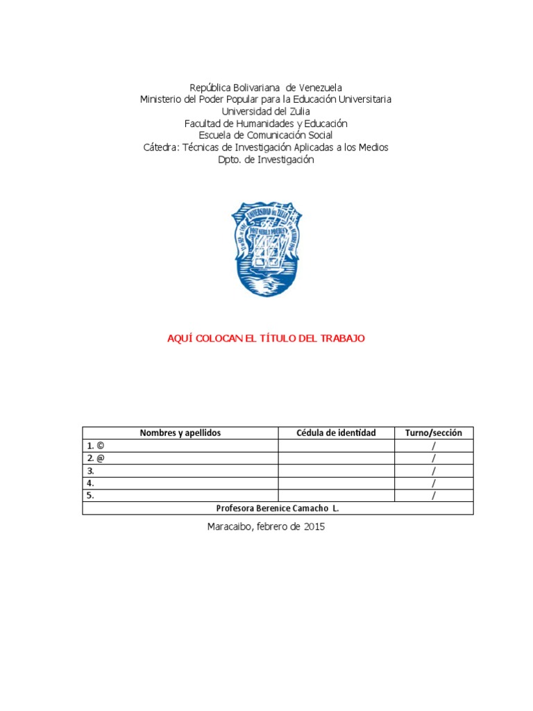 Portada Modelo para Los Trabajos en Equipo 2015 | PDF