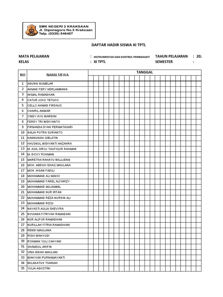 Daftar Hadir Siswa Kelas Xi Tptl Smk Negeri 2 Kraksaan Pdf
