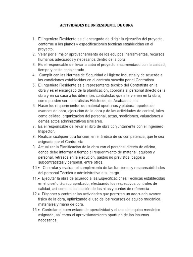 Actividades de Un Residente de Obra | PDF | Contratista general ... Actividades de Un Residente de Obra | PDF | Contratista general ...