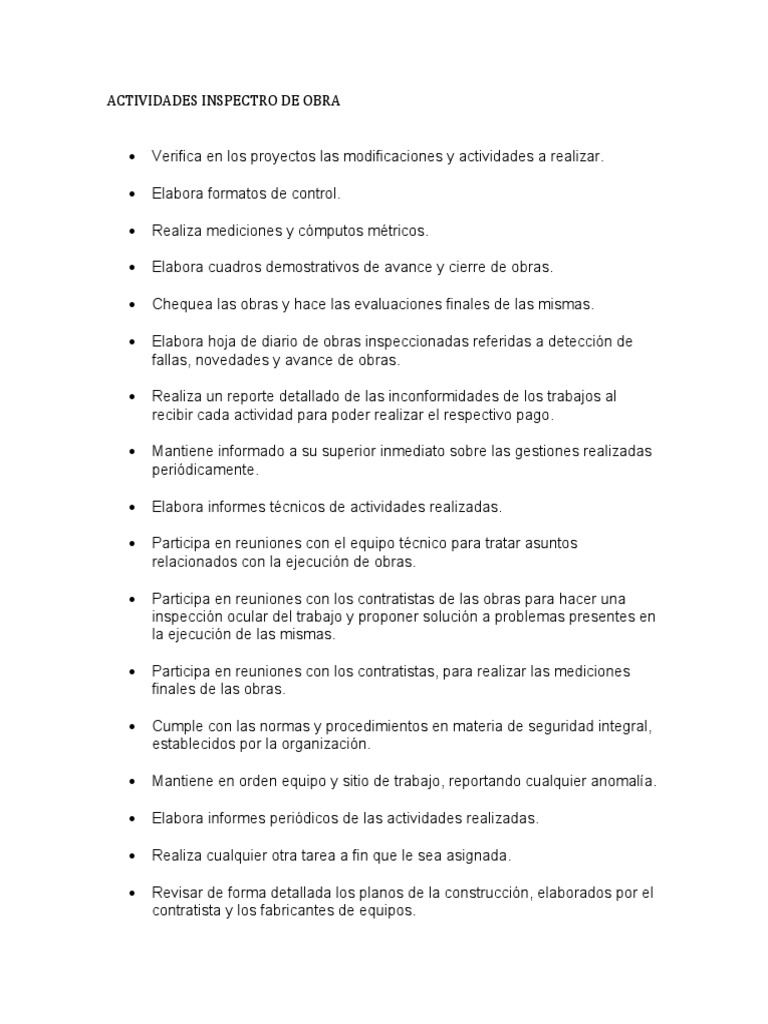 Actividades Inspectro de Obra | PDF | Business | Fabricación e ingeniería
