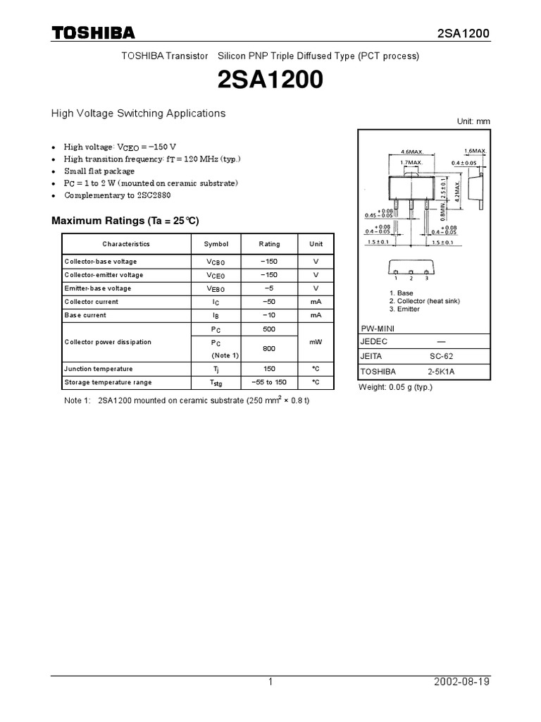 High Voltage Switching Applications: Maximum Ratings | PDF | Bipolar Junction Transistor ...