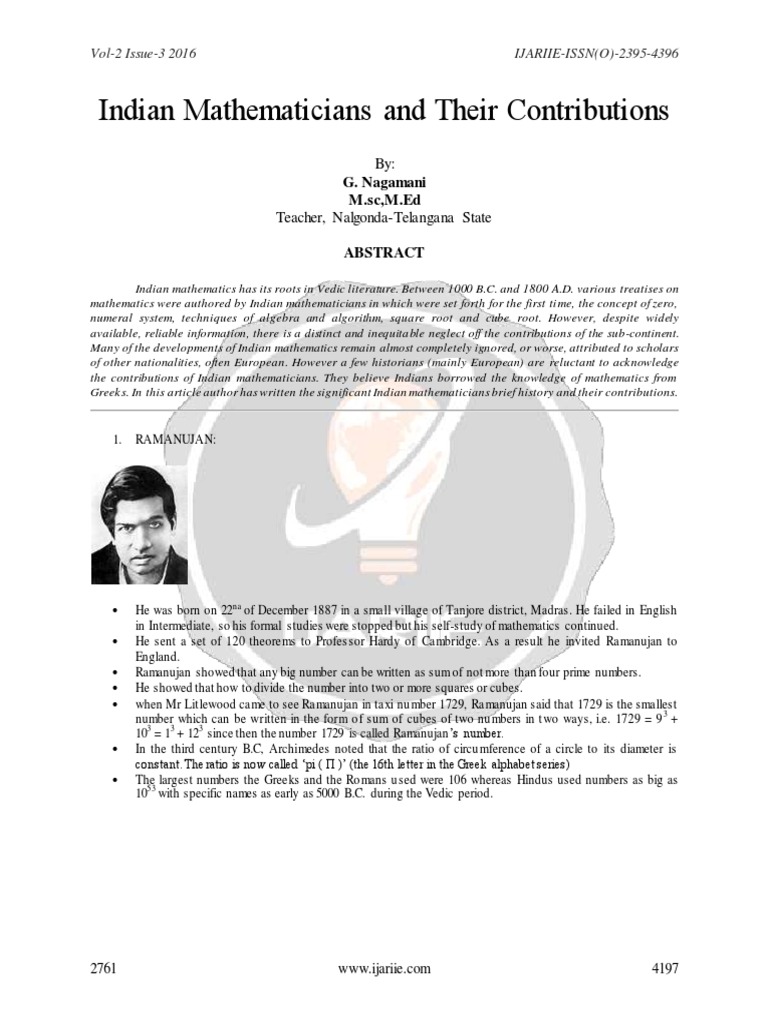 Indian Mathematicians and Their Contributions Ijariie2761 | PDF ...
