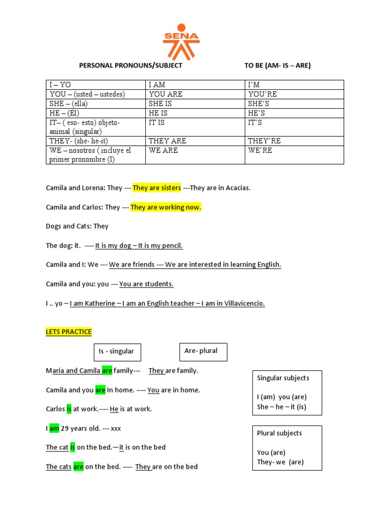 Personal Pronouns and To Be | PDF