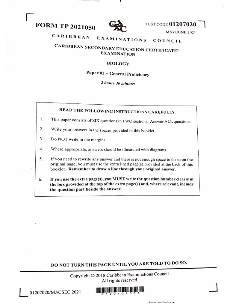 CSEC Biology June 2021 P2 | PDF