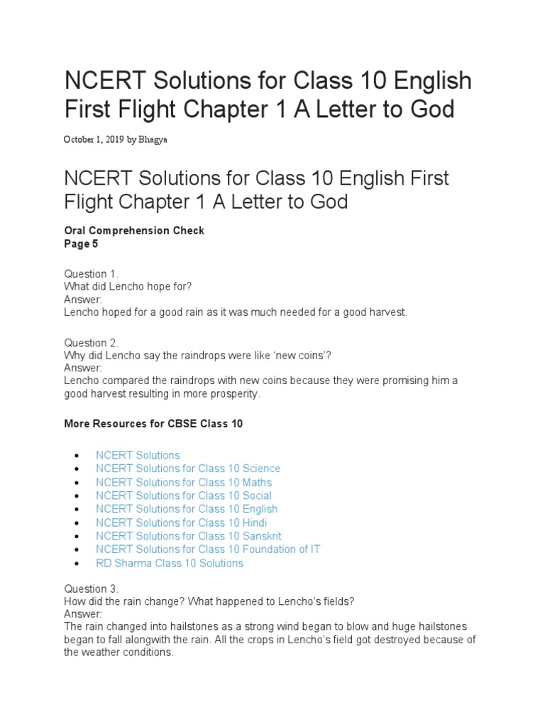 NCERT Solutions For Class 10 English First Flight Chapter 1 A Letter To ...