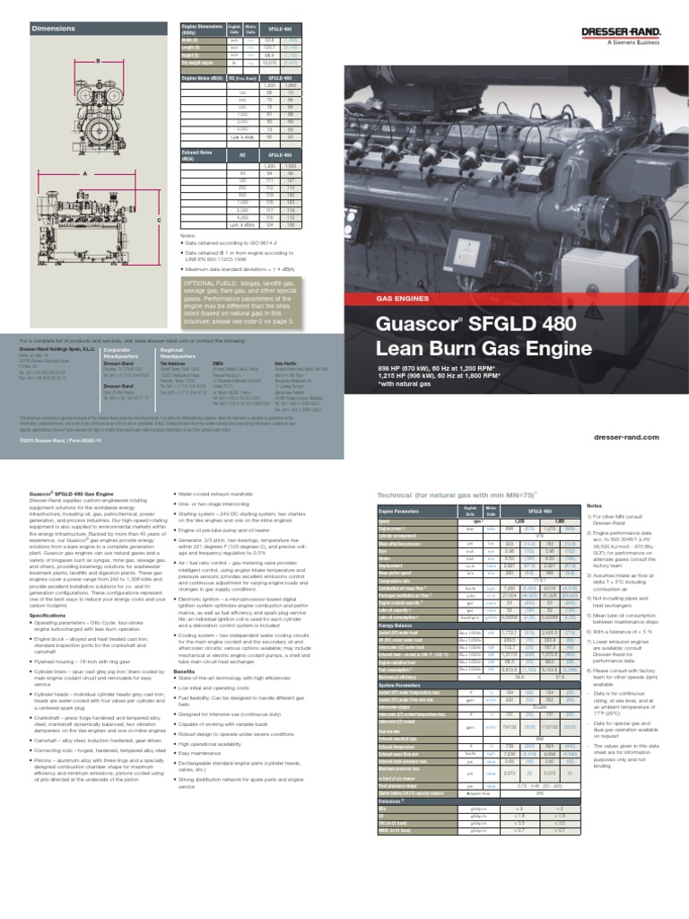 Guascor SFGLD 480 Lean Burn Gas Engine: Dimensions | PDF | Engines | Piston