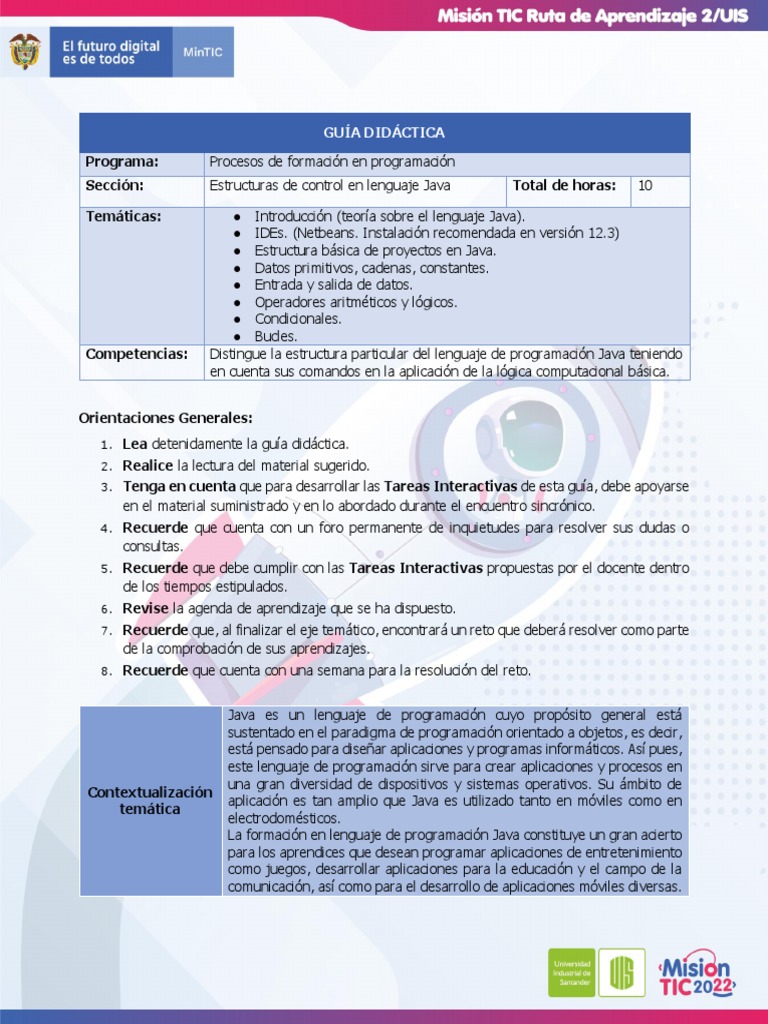 Guía Didáctica y Agenda de Aprendizaje | PDF | Lenguaje de programación | Java (lenguaje de ...