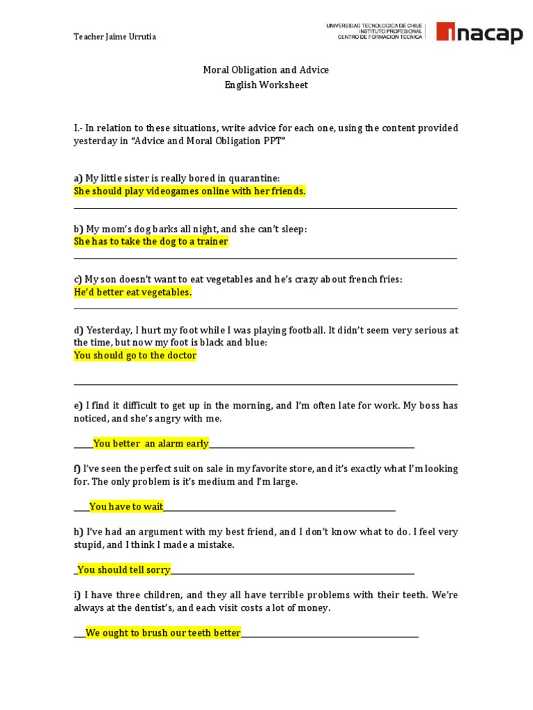 Moral Obligation Worksheet | PDF | Games & Activities | Self-Improvement