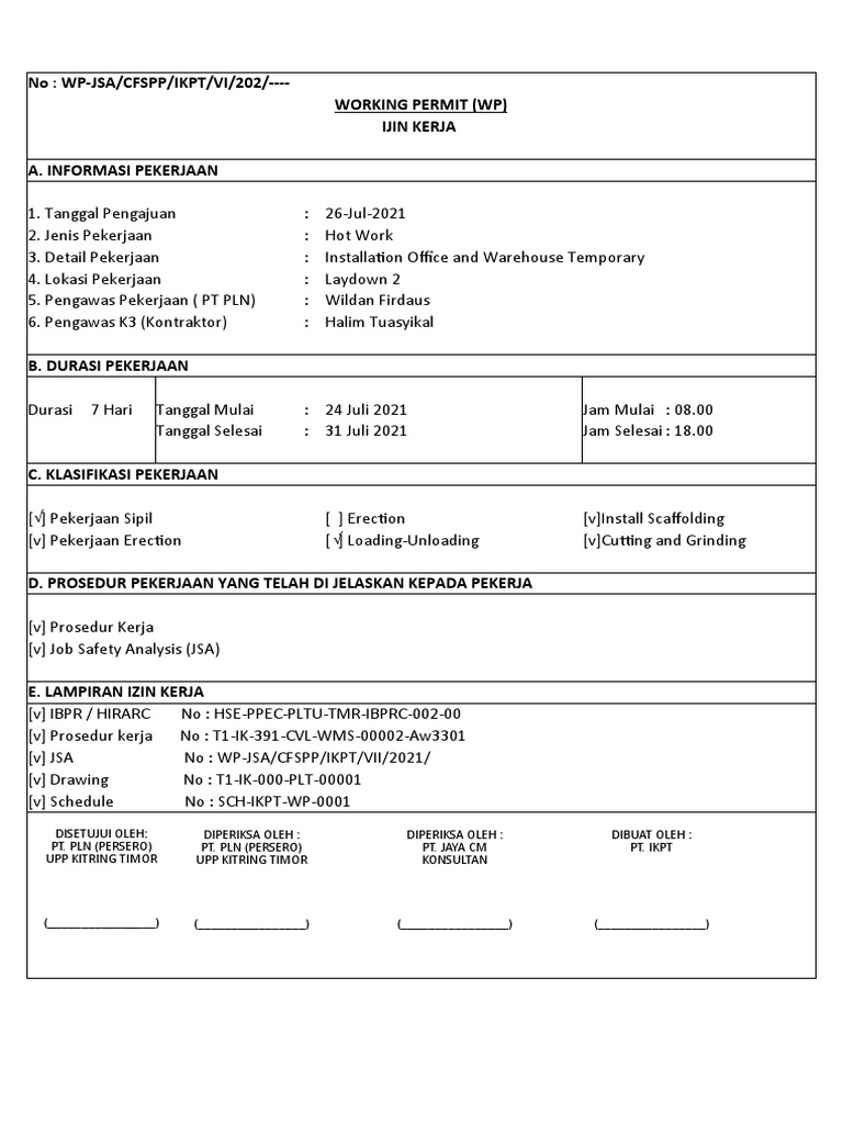 Form JSA PTW, SW To HVAC-001 PLN-installation Office and Warehouse | PDF