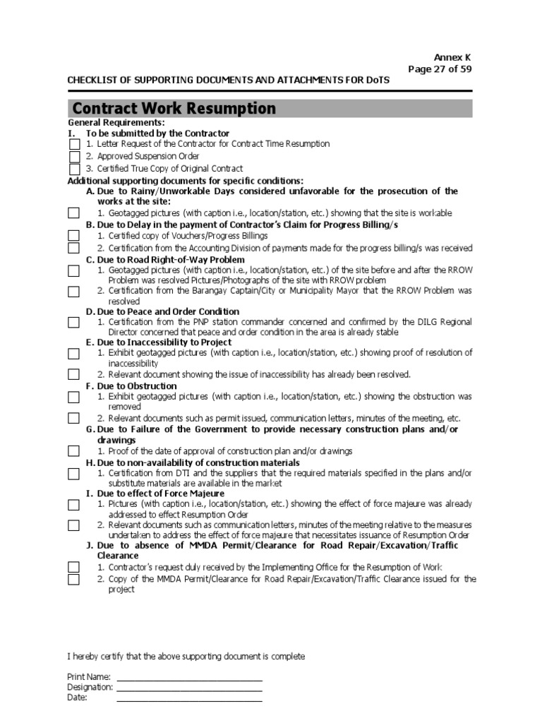Contract Work Resumption Checklist | PDF | Business