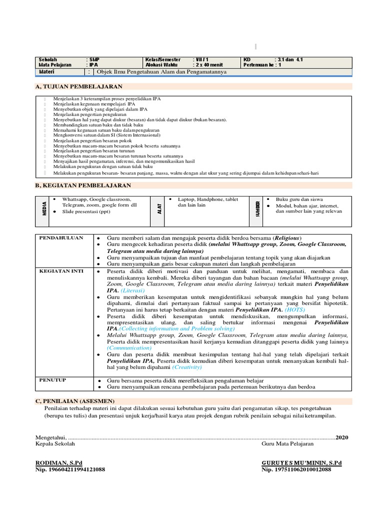 RPP Daring Ipa Kelas 7 Full | PDF