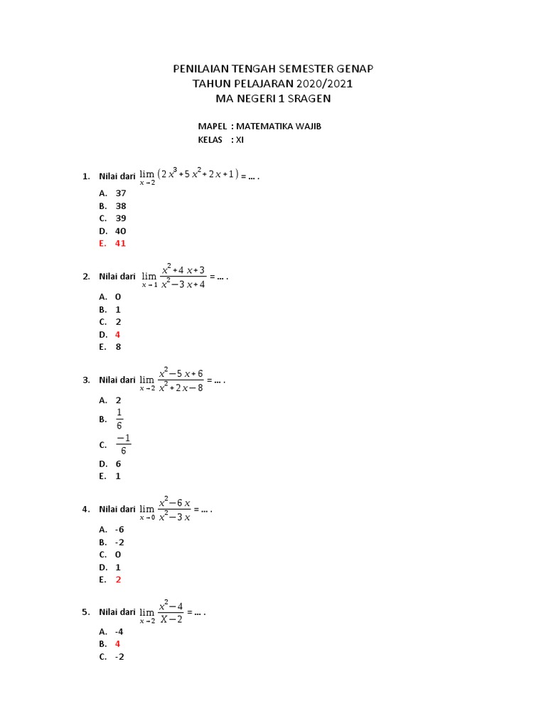 Soal PTS MTK Wajib Kelas Xi | PDF