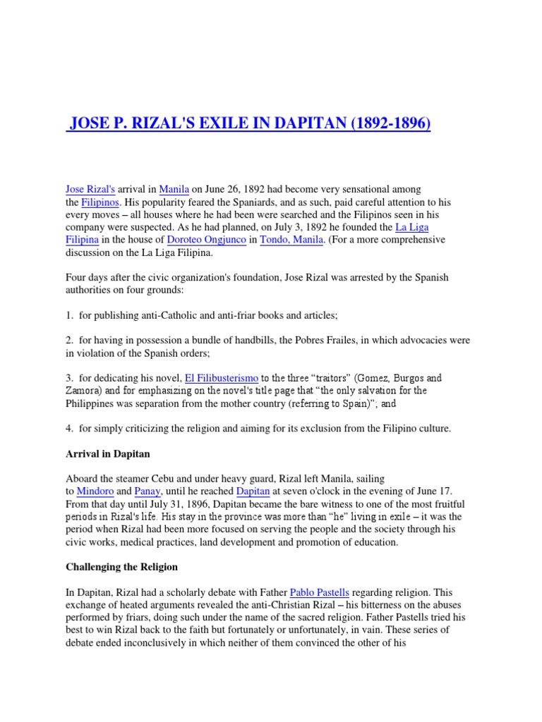 Jose P. Rizal'S Exile in Dapitan (1892-1896) | PDF | Philippines