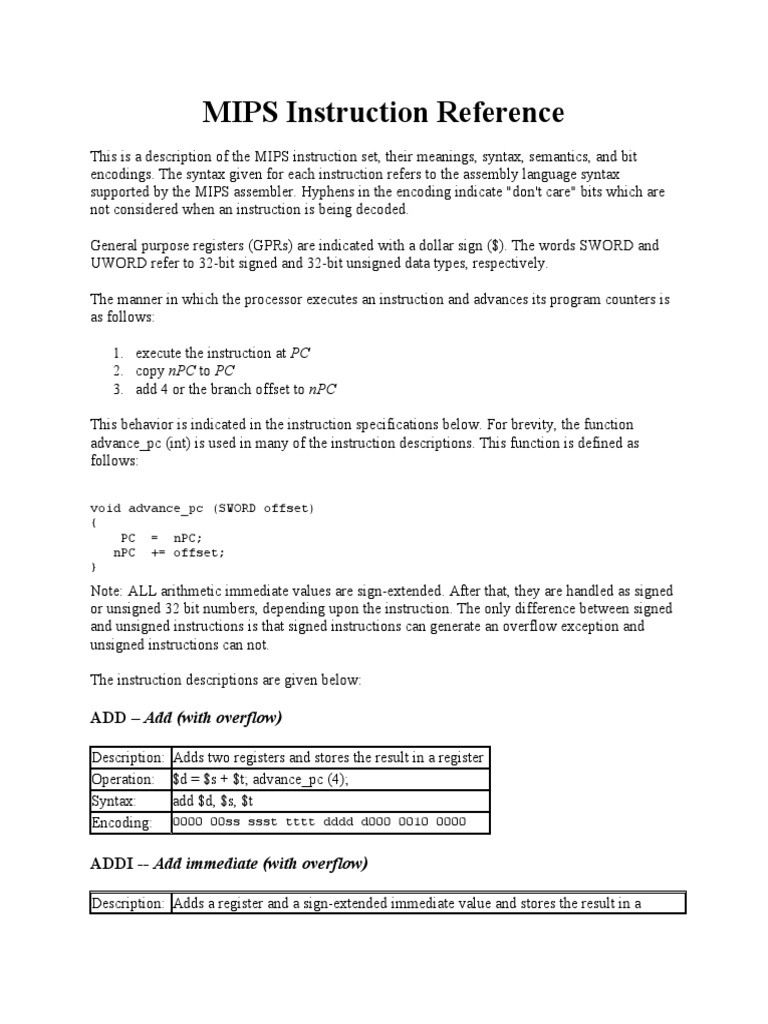 MIPS Instruction Reference | PDF MIPS Instruction Reference | PDF