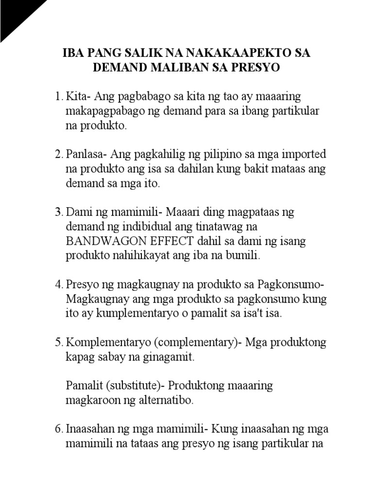 Iba Pang Salik Na Nakakaapekto Sa Demand Maliban Sa Presyo | PDF