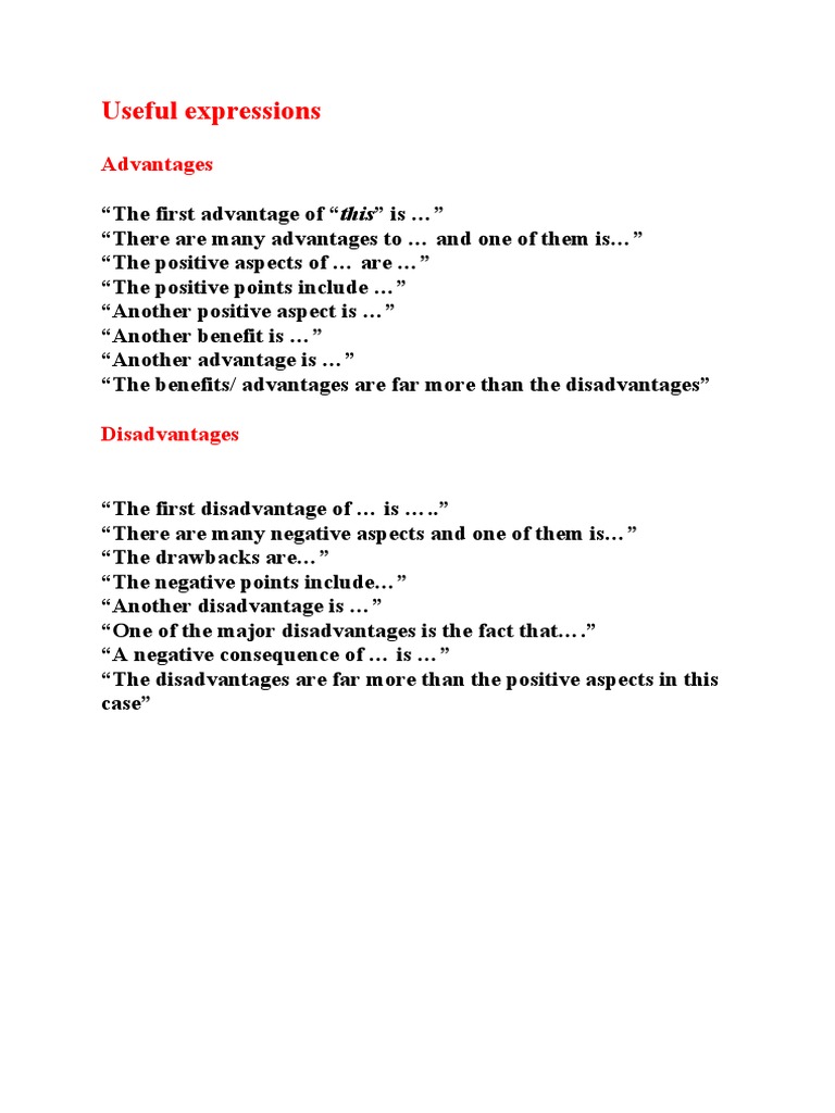 Useful Expressions For Advantages and Disadvantages Essay | PDF
