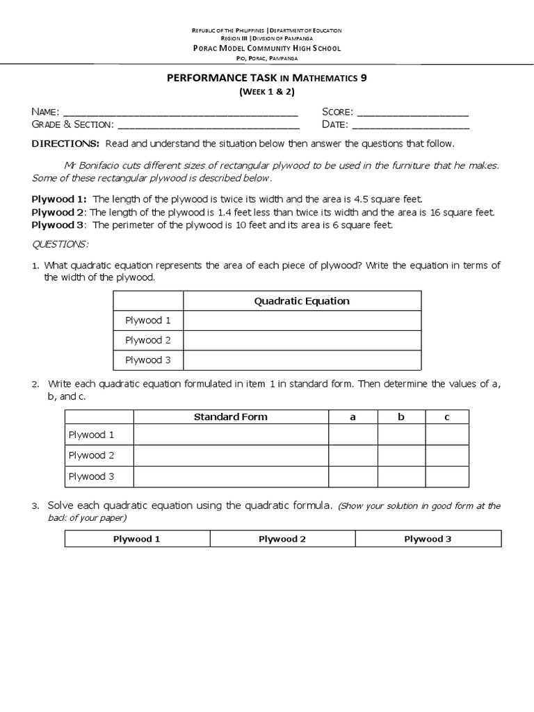 PERFORMANCE TASK in Math9 | PDF
