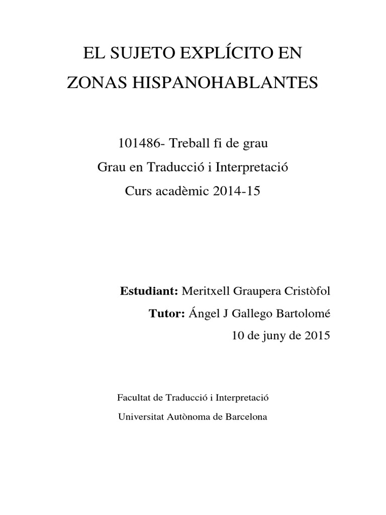 El Sujeto Explícito en Zonas Hispanohablantes | PDF | Asunto (gramática ...