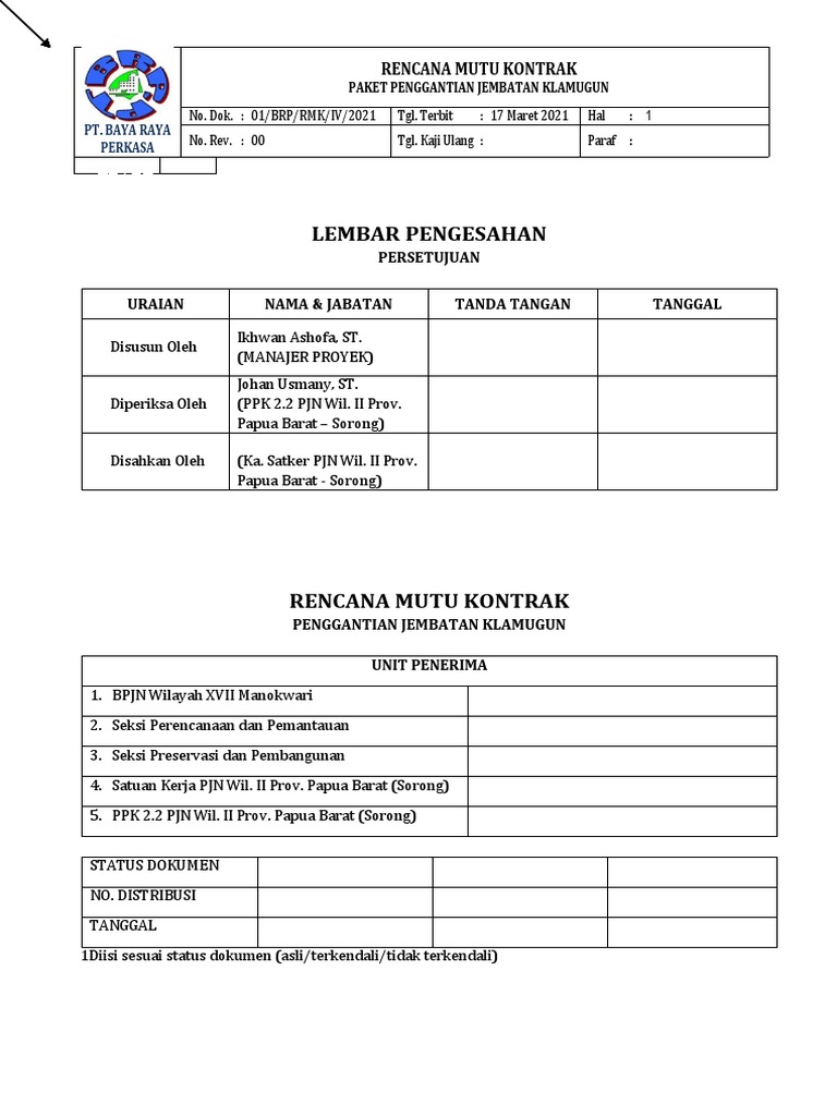 Rencana Mutu Kontrak Jembatan Klamugun | PDF