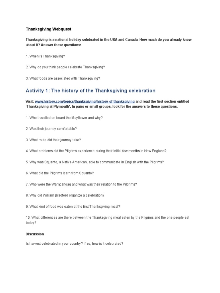 Thanksgiving Webquest Activities | PDF | Thanksgiving | Foods