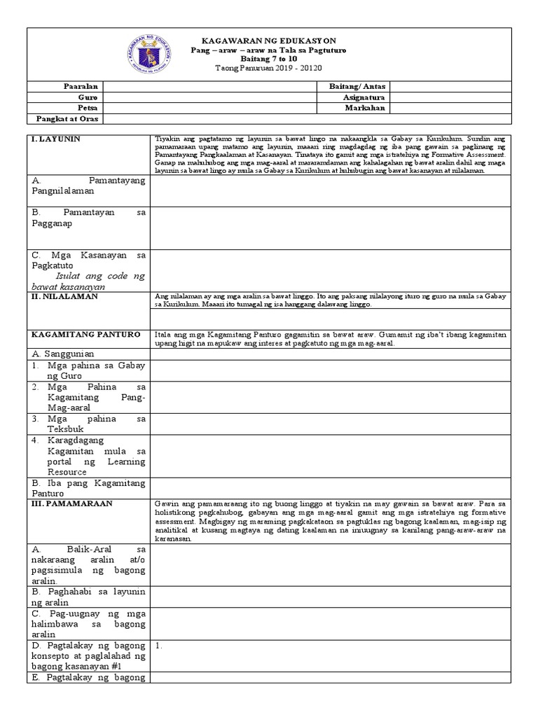 Tala NG Pang Araw Araw Na Aralin Template COT | PDF