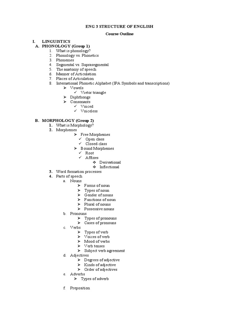 Eng 3 Structure of English Course Outline I. Linguistics A. PHONOLOGY ...