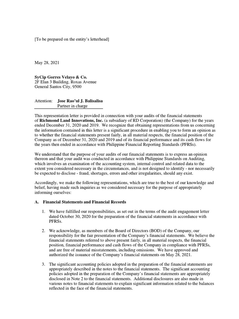 Management Representation Letter for Audit | PDF | Financial Statement ...