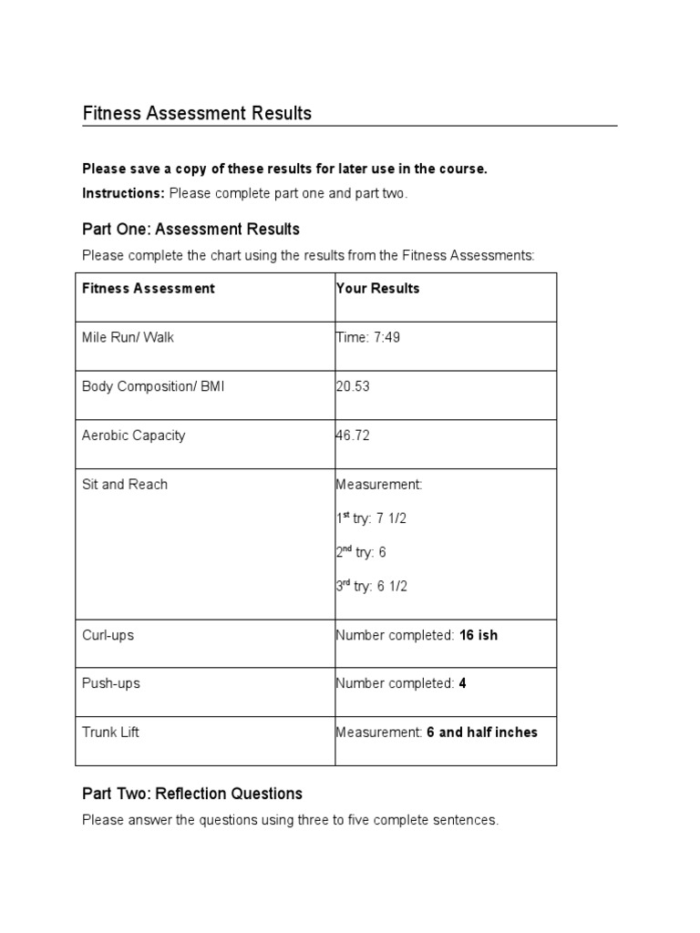 Fitness Assessment Results Summary | PDF