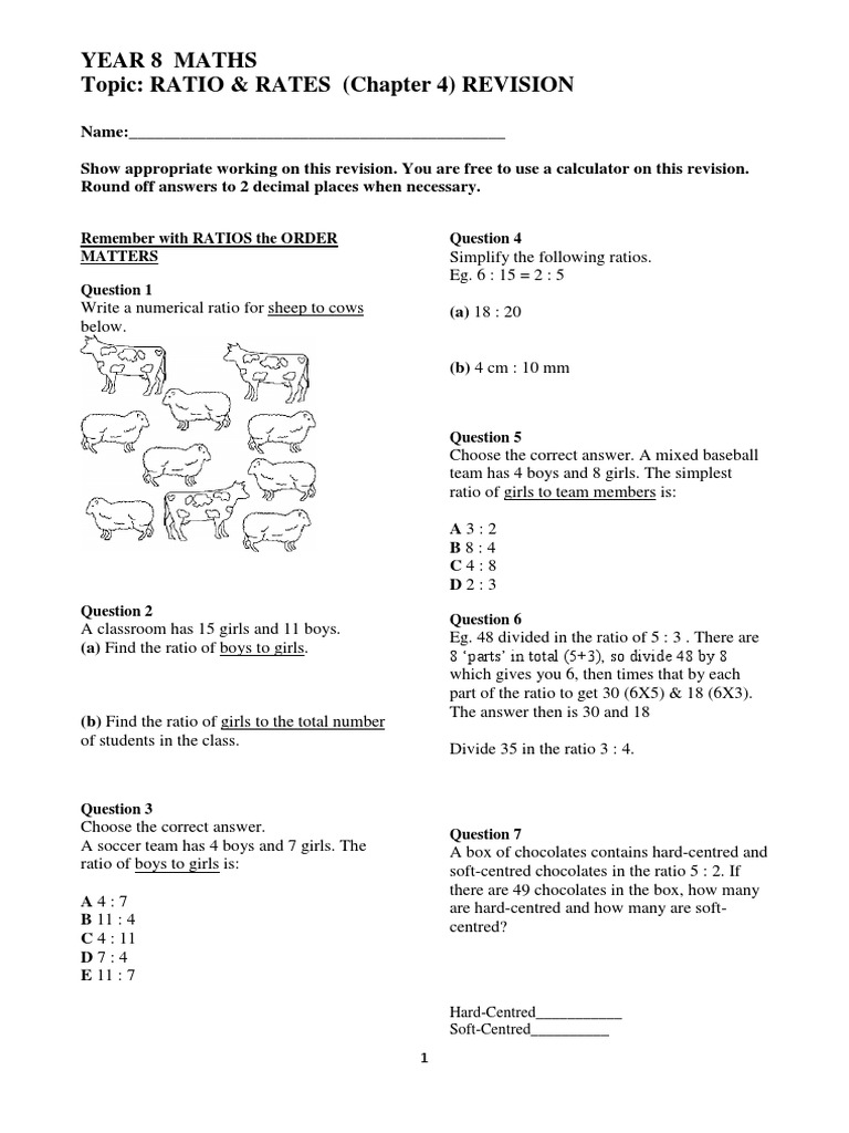 Year 8 Ratios and Rates Revision Worksheet | PDF | Speed | Teaching ...